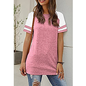 Adibosy Women Summer Casual Shirts: Short Sleeve Striped Tunic Tops - Ladies Loose Crew Neck Tee Tshirt Blouses Pink L