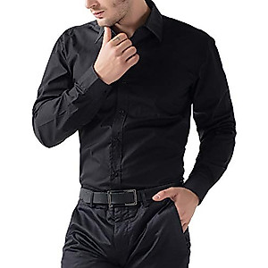 PJ PAUL JONES Men's Black Long Sleeve Button Down Dress Shirts Designer Slim Fit Dress Shirts Office Wear (Black,L)