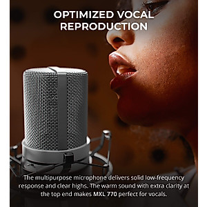 blucoil MXL 770 Cardioid Condenser Microphone (Silver) Bundle 20-FT Balanced XLR Cable, Pop Filter Windscreen, Adjustable Mic Stand, and 4-Pack of 12 Acoustic Foam Isolation Panel Wedges