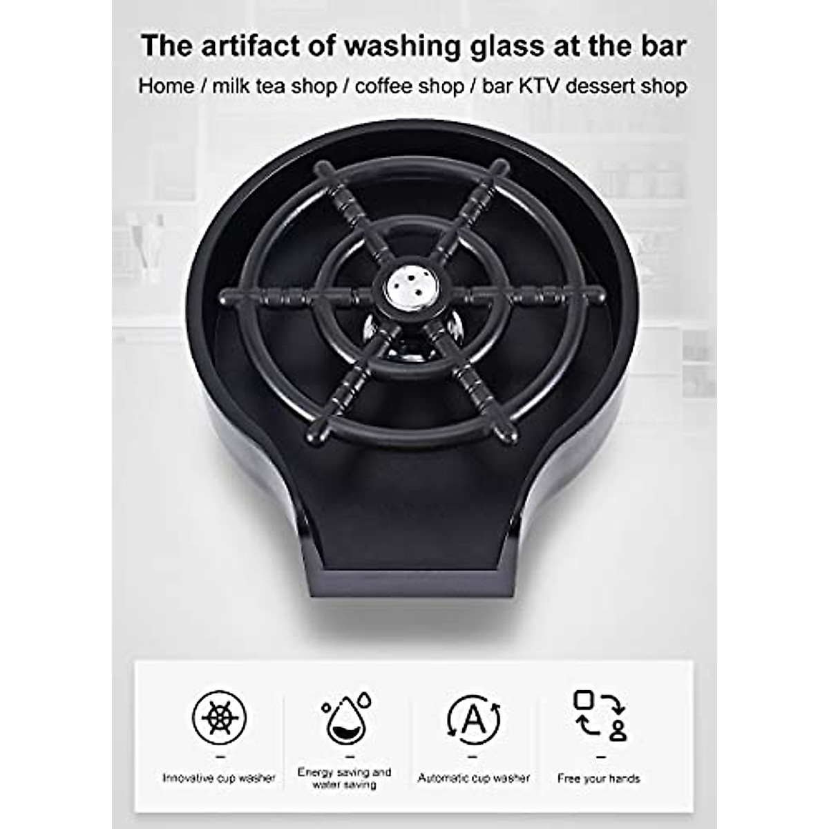 EME Cup Rinser for Sink, Stainless Steel, Bottle Cleaner Sink Attachment, Kitchen Sink Glass Rinser, Cup Washer, Automatic Glass Washer Rinser Tool, Black Glass Sink Kitchen, 5.1x5.4x3 (BM-JC01)