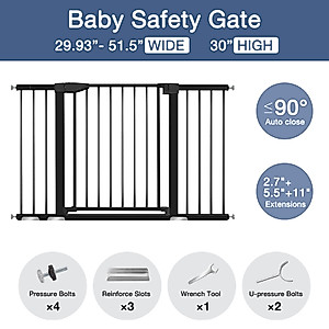 Baby Gates for Doorways, RONBEI 29.93"-51.5" Walk Through Baby Gate Extra Wide Baby Gates for Stairs, Pet Dog Gates Auto Close Safety Child Doorway Gates for Kids or Pets