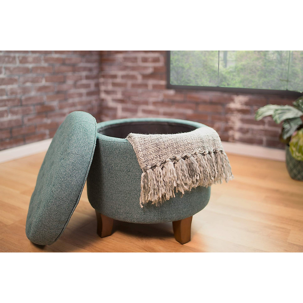 HomePop by Kinfine Fabric Upholstered Round Storage Ottoman - Button Tufted Ottoman with Removable Lid, Teal Woven