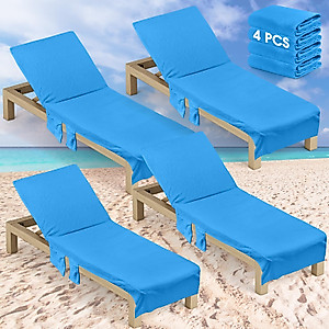 4 Pcs Cotton Beach Chair Cover Soft Lounge Chair Towel Sunbathing Travel Chaise Lounge Towel Cover with Pockets on Side and Top for Outdoor Beach Pool (Blue)