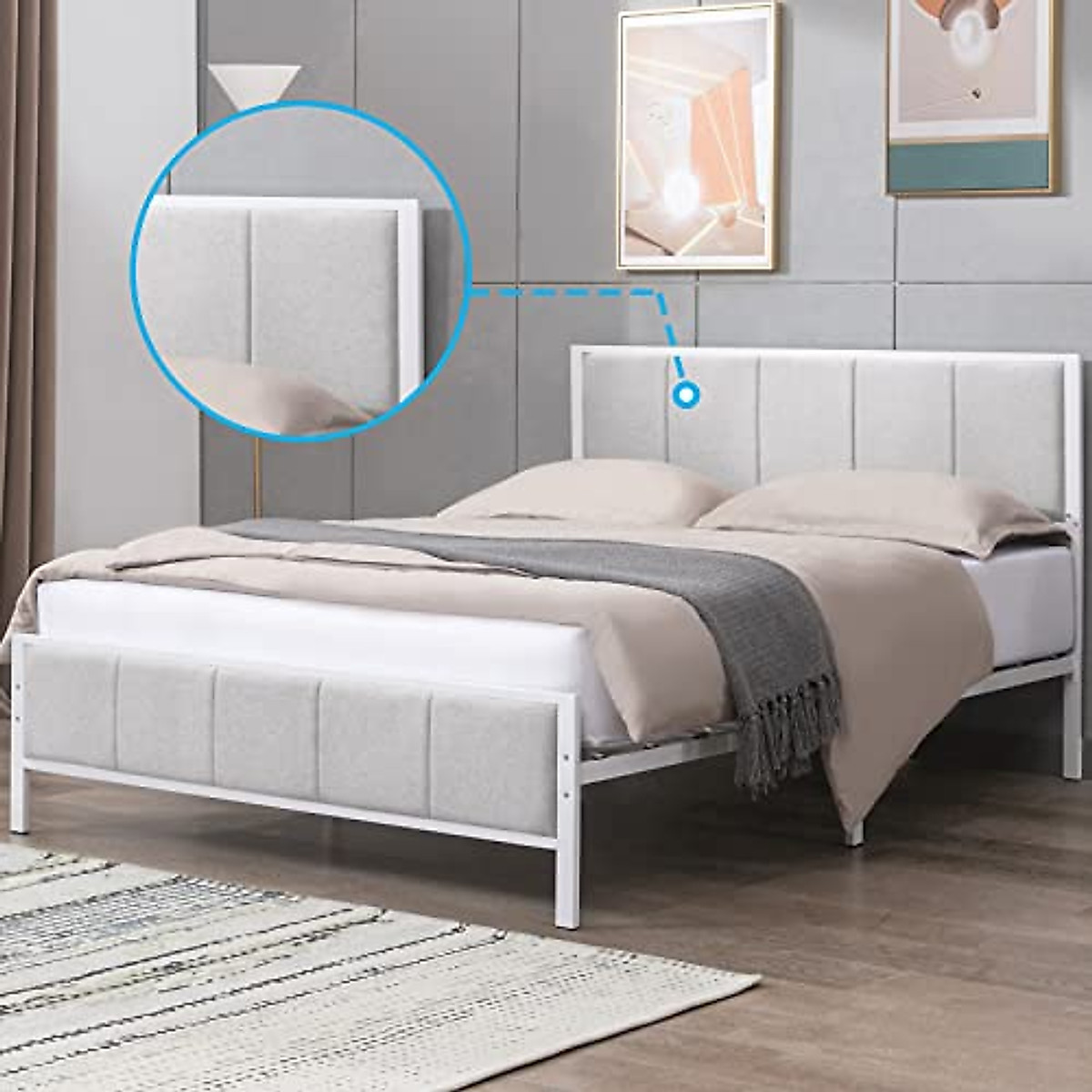 Mjkone California King Size Bed Frame, Linen Upholstered Platform Bed Bedroom, Bed Frame with Channel Tufted Headboard, No Box Spring Needed Light Gray