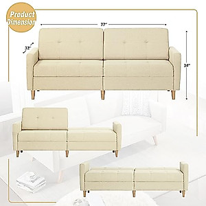Imbesty Linen Upholstered Modern Convertible Folding Futon Sofa Bed, Adjustable Couch Sleeper Home Recliner Reversible Loveseat Folding Daybed Guest Bed for Compact Living Space, Apartment (Beige)