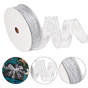 Snowflake Wired Sheer Glitter Ribbon Christmas Snowflake Ribbon 1.5" x 50 Yards for Gift Wrapping, Wreath Decoration, Garland, Tree Topper Bow, Winter, Gift Basket, Bows (Silver, 1.5inch)