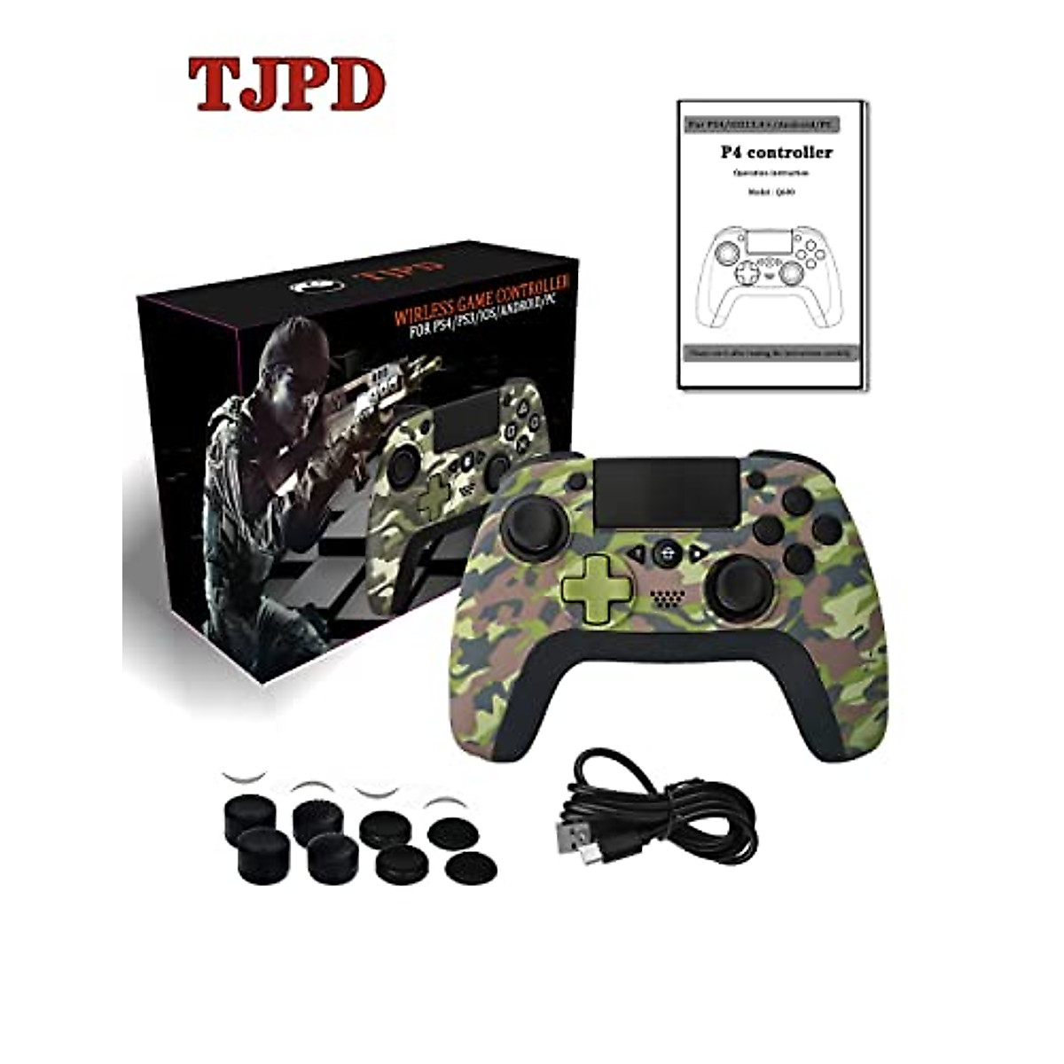 TJPD Wireless Game Controller with 2 Programmable Back Buttons, Compatible with PS4/PS3/iOS13.4+/PC/Android, Game Controller Remote with Turbo/Gyro/HD Dual Vibration/LED Indicator (Green Camouflage)