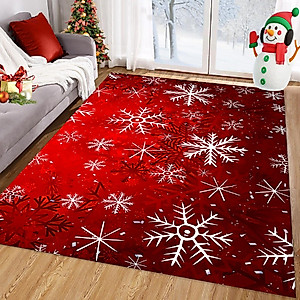 ZLXMN Red Christmas Area Rug,5x6ft,Christmas Room Decor Red with White Snowflakes Rug, Xmas Winter Home Decor Rubber Backed Rugs for Entryway Indoor Living Room Bedroom Easy Clean Carpet