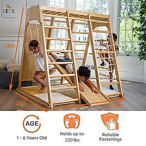 Avenlur Magnolia Indoor Playground 6-in-1 Jungle Gym Montessori Waldorf Style Wooden Climber Playset Slide, Rock Climbing Wall, Rope Wall Climber, Monkey Bars, Swing for Toddlers, Children Kids 2-6yrs