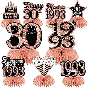 9Pcs 30th Birthday Decorations Honeycomb Centerpiece for Women, Rose Gold Pink Vintage 1993 Happy 30 Birthday Table Centerpiece Party Supplies, Thirty Birthday Table Topper Sign Decor