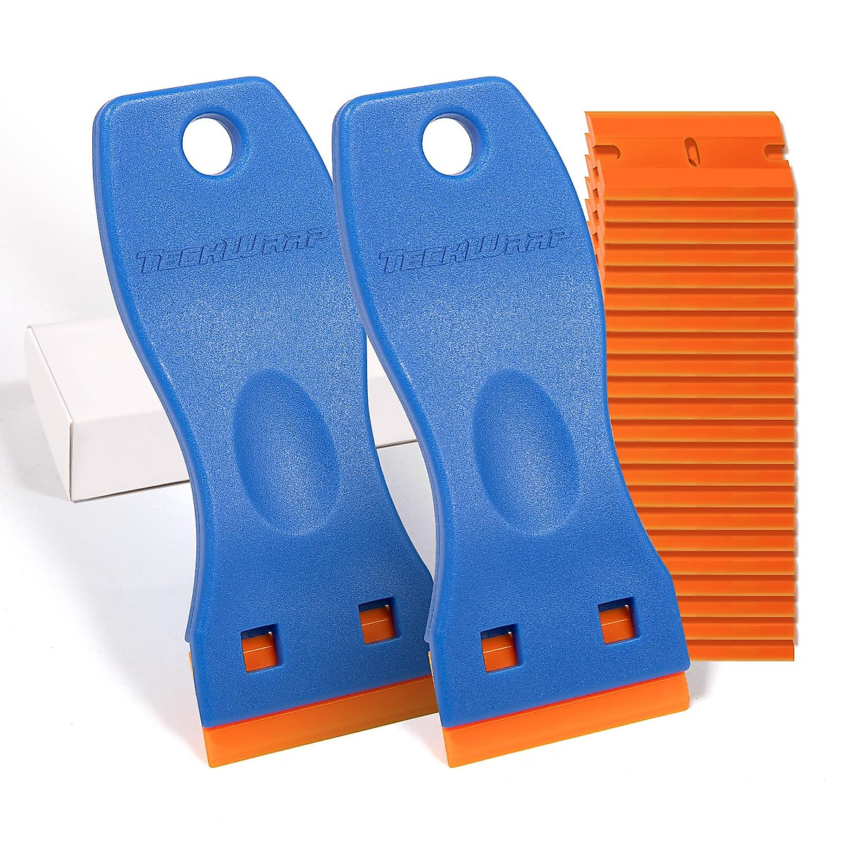 TECKWRAP Plastic Razor Blades Scraper Tool, 2-Pack with 100 Double-Edged Plastic Scraper Blades for Adhesive Vinyl Removal on Car Windows, Glass, Labels, Mugs, and More (Blue)