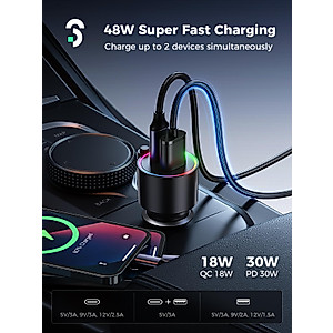 Bluetooth 5.3 FM Transmitter for Car - SOOMFON Bluetooth Car Adapter with Big Mic Bass Stereo Hi-Fi Sound, PD30W QC18W FM Bluetooth Transmitter Car Charger Support Hands-Free Calls, Aux Out, TF Card