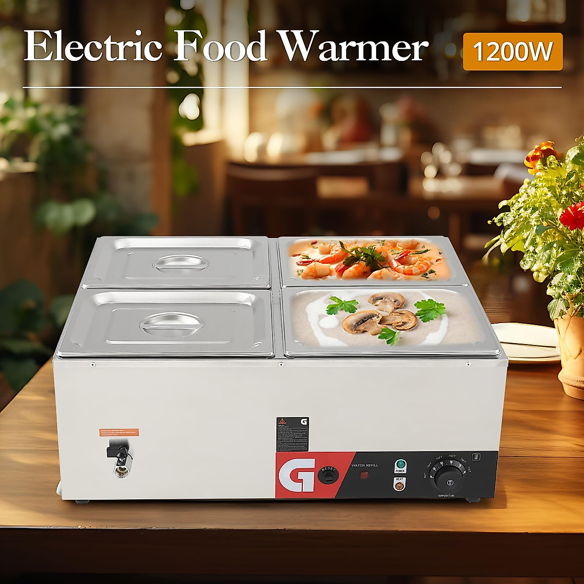 GarveeHome 4-Pan Commercial Food Warmer - 4 * 10.5QT Generous Capacity, 1200W Electric Steam Table, Stainless Steel, Efficient Heating, 86-185°F Temp Control for Catering and Restaurants