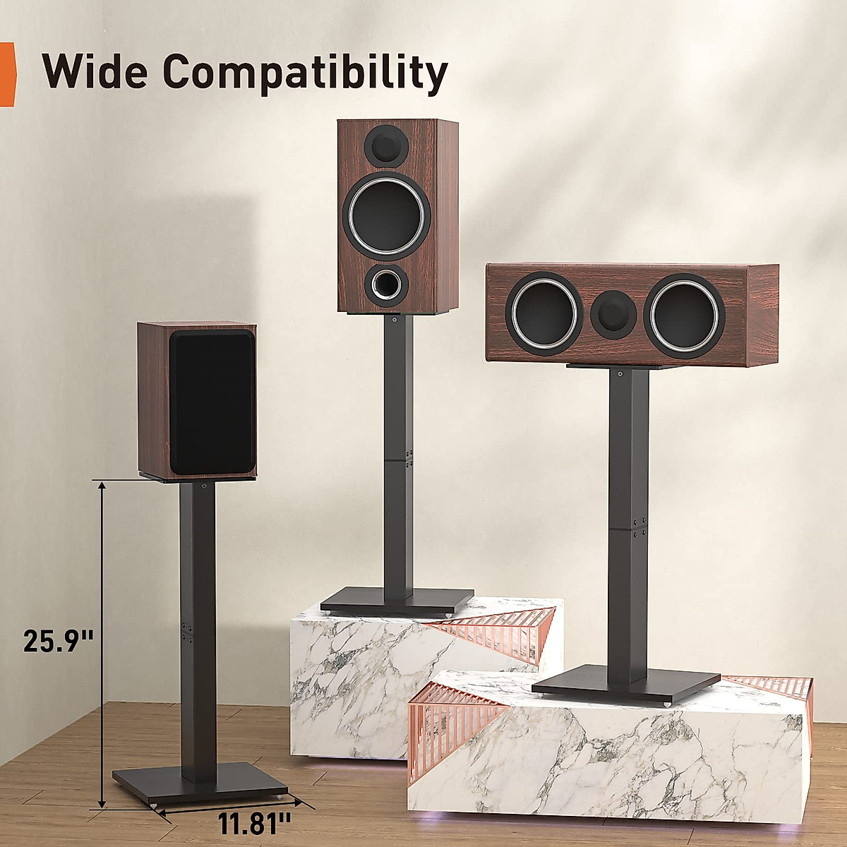 Perlegear Universal Bookshelf Speaker Stands with Aluminum Column for Speakers up to 22 lbs, Speaker Stand Pair with Cable Management, Surround Sound Speaker Stand PGSS9-1 Black