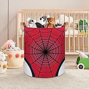 Large Laundry Hamper Basket Red Spider Web Round Collapsible Storage Organizer Bin for Kids, Boys, Nursery, Closet, Bedroom, Playroom, Toys, Dirty Clothes, 16"W x 20"H