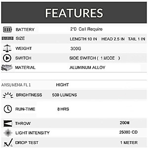KunHe Heavy Duty 2 D Cell Battery LED Big Flashlights High Lumens Single Mode Flashlight, Aluminum, Ourdoor, Emergency, Power Outage Supplies