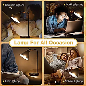 Industrial Black Bedroom Table Lamp, Dimmable Touch Control Bedside Lamp with 2 USB Charging Ports and AC Outlet, Nightstand Reading Lamp with Metal Flexible Head for Living Room Office, Bulb Included