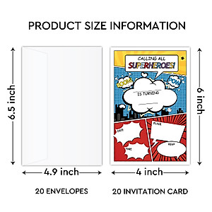 YUEXLL Comic Superhero Birthday Party Invitations Cards with Envelopes, Calling All Superheros Party Invitations, Birthday Celebration Supplies, Double-sided Fill-in bday Invites for Boys Girls- A35