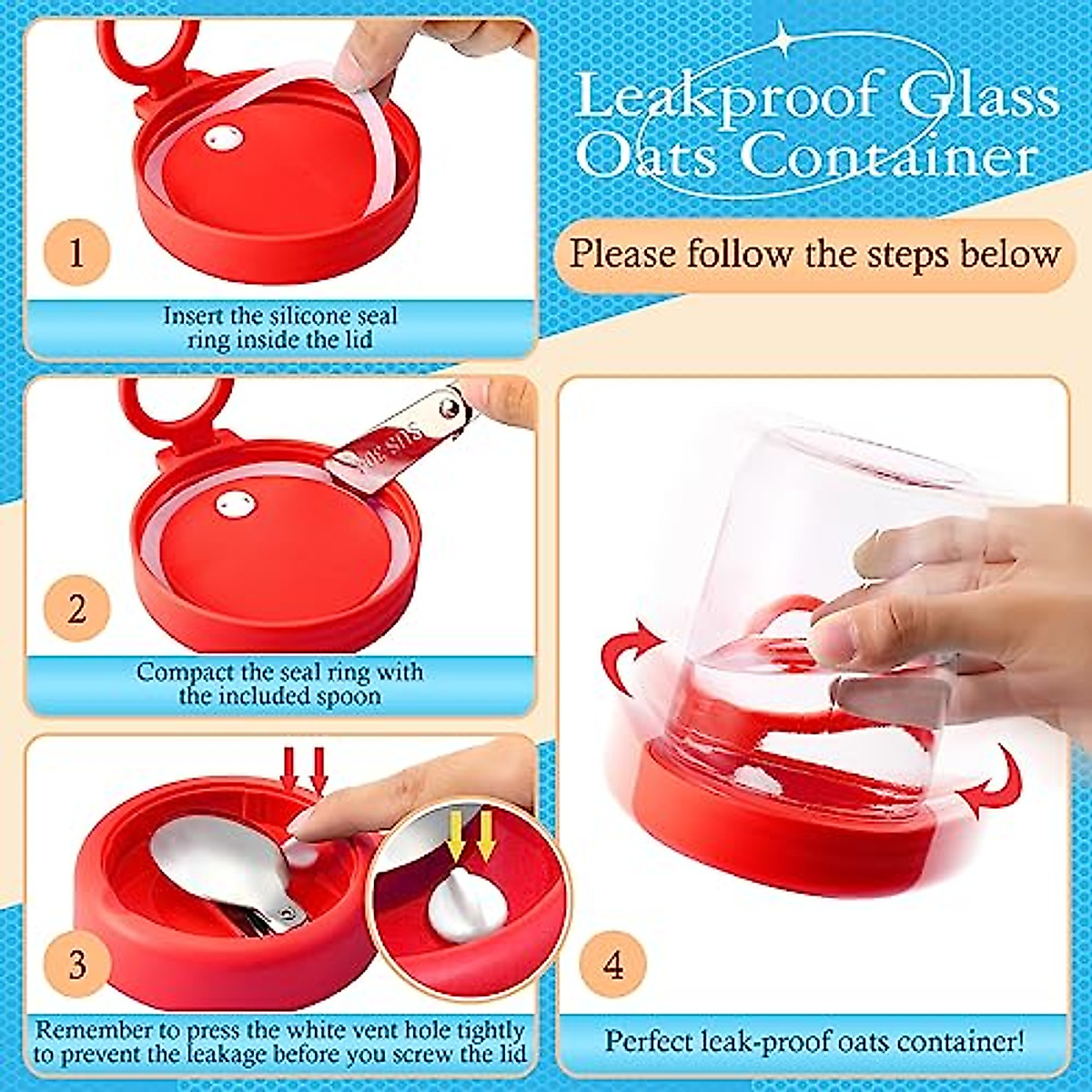 RTWDKFQ 4 Pack overnight oats containers with lids and Spoons,16-Oz Glass Mason Jars oatmeal container, Leak-proof meal prep jars for Milk, Vegetable, and Fruit Salad Storage