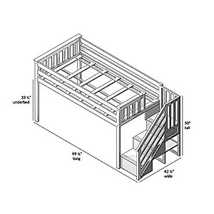 Max & Lily Low Loft Bed, Twin Bed Frame For Kids With Stairs, White