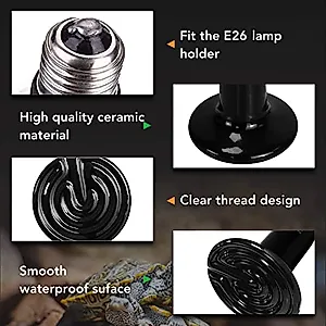 Simple Deluxe 100W 2-Pack Ceramic Heat Emitter Reptile Heat Lamp Bulb No Light Emitting Brooder Coop Heater for Amphibian Pet & Incubating Chicken, Black