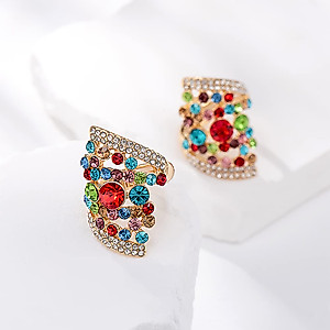 18K Gold Plated Iridescent Multi Color Gemstone Crystal Geometric Elastic Adjustable Stretchy Statement Rings for Women Cocktail Costume Jewelry