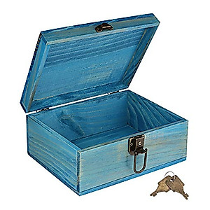 Dedoot Wooden Keepsake Box, Blue Wood Box with Lock Decorative Handmade Craft Small Latched Box for Jewelry Gift Storage and Home Decor, 9.3x7.6x4.5 Inch
