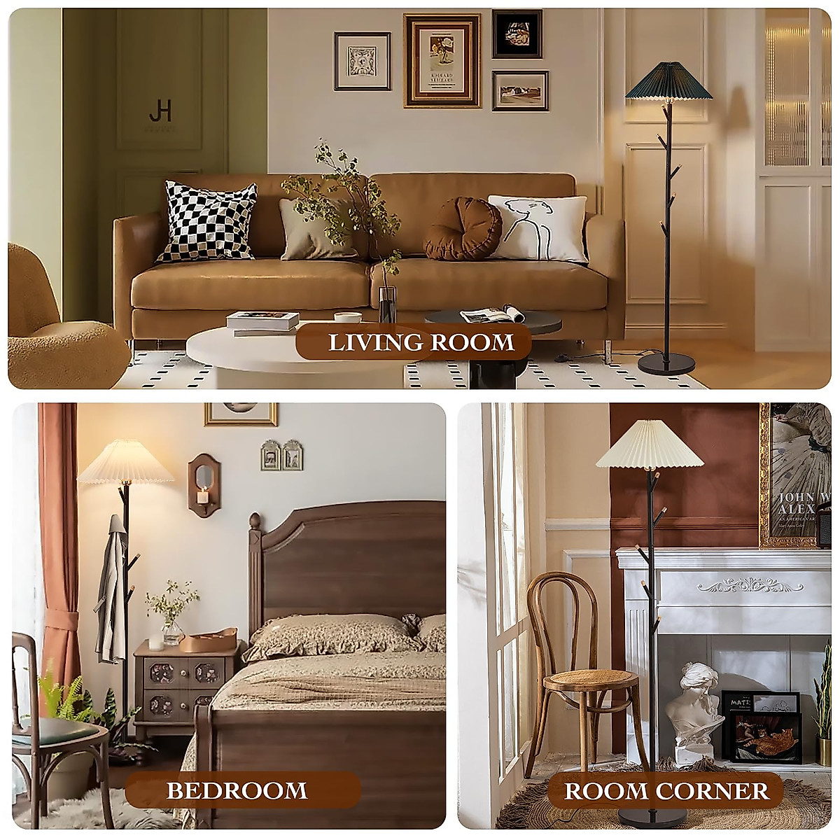 Unique Floor Lamps Modern,Black Simple Floor Lamp with Coat Rack,Tree LED standing lamp ,Lamparas De Pie Para Sala for Living Room Office or Bedroom - Includes Two Pleated Lampshades (Beige+Green)