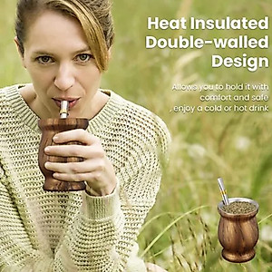 Yerba Mate Gourd Tea Cup, 8 Ounces Original Traditional Mate Cup Double Walled Yerba Mate Set with Spoon and Brush, Stainless Steel Insulation Cup for Coffee Tea