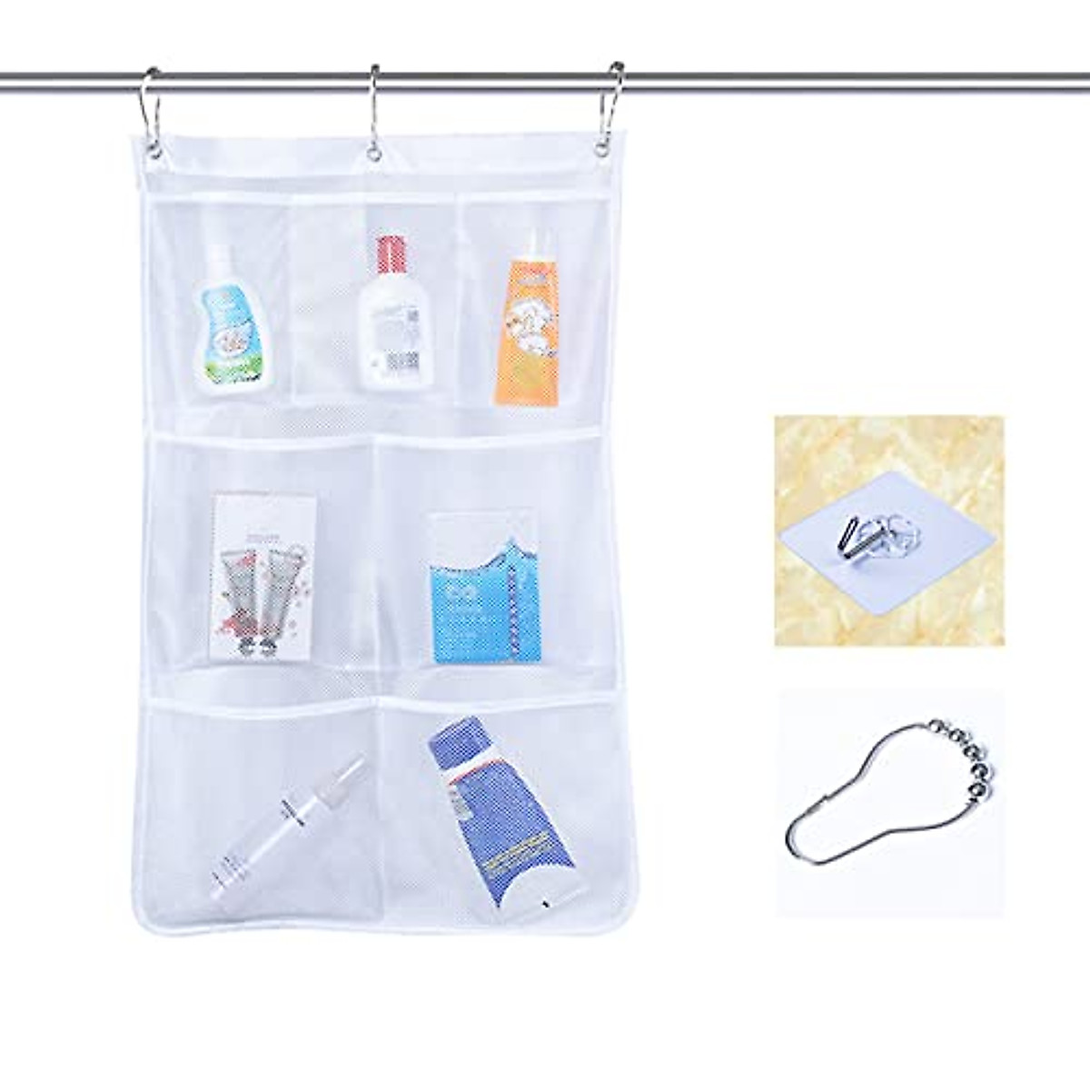 Beisto Mesh Shower Organizer Hanging Caddy with 7 Pockets,Shower Curtain Rod Hanging Organizer Storage Pockets Bathroom Hanger Organizer with Over the Hooks,white