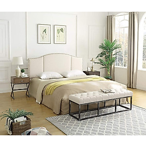 24KF Middle Century Linen Upholstered Tufted King Size Headboard with Antique Brass Nail Heads Trim King/California King headboard-Ivory