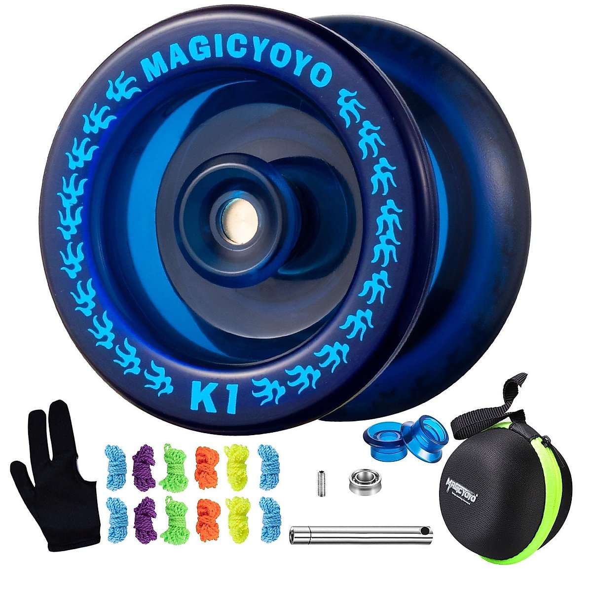 MAGICYOYO Responsive Yoyo K1 Tug Return Yoyo, Hubstacks Yoyo for Kids Beginners Dual Purpose Yoyo with Unresponsive Bearing, Sturdy Storage Bag + 12 Yoyo Strings +Yo-Yo Glove +2 Yoyo Hubstacks (Blue)