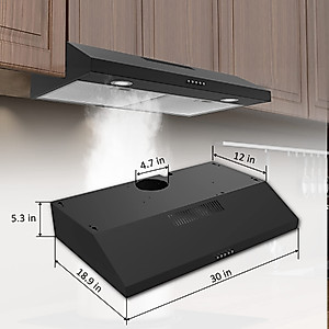 Black Range hood 30 inch, 300CFM Under Cabinet Range Hood with Ducted/Ductless Convertible Slim Kitchen Over Stove Vent, 3 Speed Exhaust Fan, LED Lights, Vent Hood with Charcoal Filter