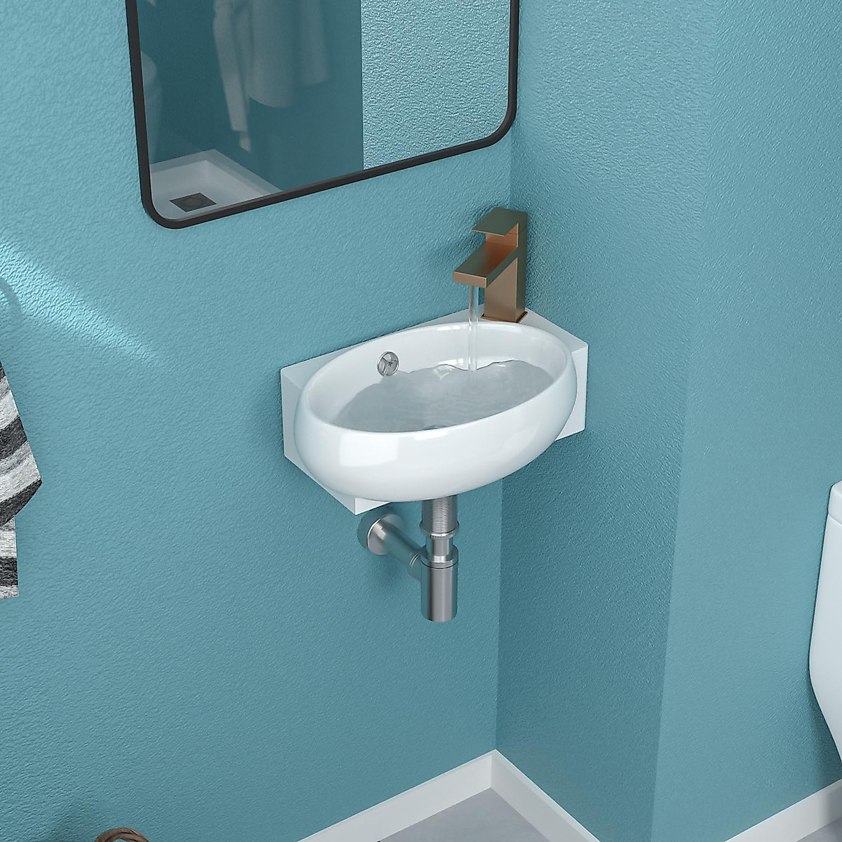 Funmier Wall Mount Vessel Sink Right Hand - 16 x 11 Inch Oval Bowl Rectangular Wall Hung Bathroom Sink Basin White Ceramic Porcelain Modern Floating Vessel Sink