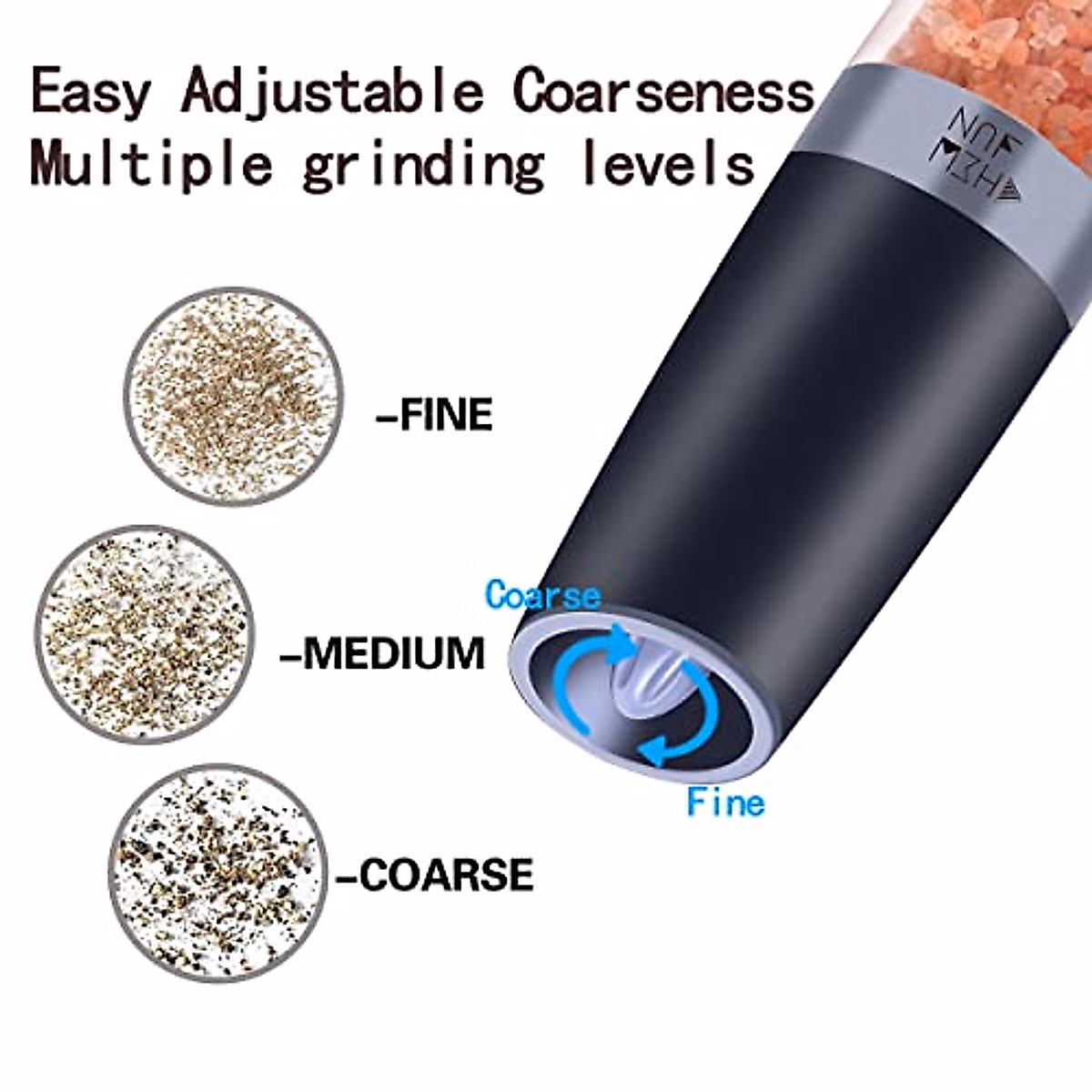 Gravity Salt and Pepper Mill with Adjustable Coarseness Automatic Pepper and Salt Grinder Battery Powered with Blue LED Light,One Hand Operated,Brushed Stainless Steel by CHEW FUN