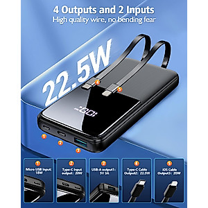 CFIAI Portable Charger Power Bank - 15000mAh Fast Charging Portable Phone Charger with Built in USB-C(22.5W) and iOS(20W) Output Cable, LED Display Battery Pack for iPhone Android Samsung etc(1 Pack)