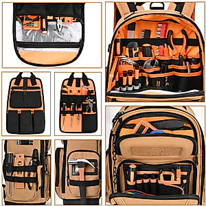 Tool Bag Backpack, 75 Pockets & Loops Canvas Heavy Duty Tools Organizer Bags/HVAC Tool Carrier for Electrician/Construction Work with Molded Base and Combination Lock - Brown
