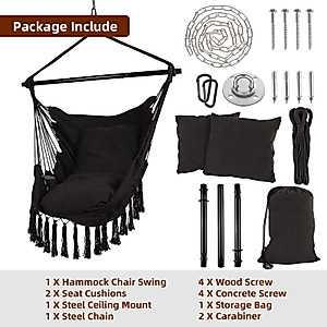 Ciouper Hammock Chair Hanging Rope Swing with Stylish Tassels - Max 500 Lbs - 2 Cushions Included - Heavy-Duty Steel Spreader Bar with Anti-Slip Rings - for Any Indoor or Outdoor Spaces (Grey)