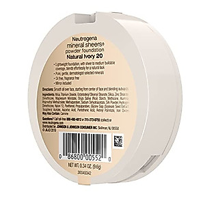 Neutrogena Mineral Sheers Compact Powder Foundation, Lightweight & Oil-Free Mineral Foundation, Fragrance-Free, Natural Ivory 20,.34 oz (Pack of 2)