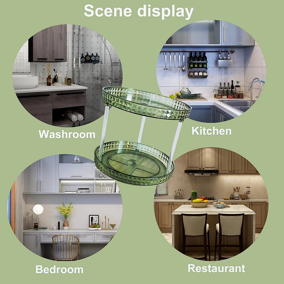 ANNIYA 2 Tier 9.25 Inch Rotating Bathroom Counter Organizer, Makeup Organizer, Clear Standing Vanity Organizer Shelf for Bathroom Storage Organization, Kitchen (Diamond Clear Green)