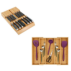 Utoplike In-drawer Knife Block Bamboo Kitchen 12 Knifes Drawer Organizer and Flatware Expandable Kitchen Drawer Organizer Set