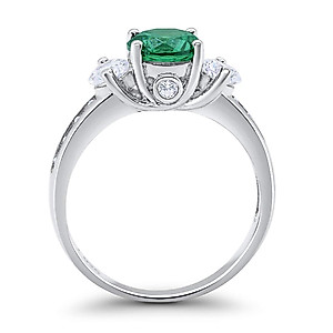 Blue Apple Co. Three Stone 3-Stone Wedding Engagement Ring Simulated Emerald Round Cubic Zirconia Solid 925 Sterling Silver, Size-7