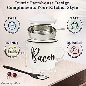 Bacon Grease Container with Strainer - With Food-Grade Silicone Spatula, 46oz Large Enamel Grease Strainer - Rustic Farmhouse Bacon Fat Container, Bacon Grease Keeper, With Recipes, Dishwasher Safe