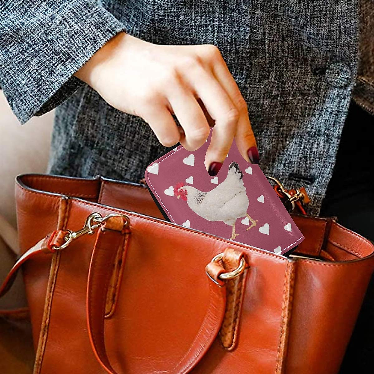 Slim Minimalist Soft Leather Mini Case Holder Organizer Wallet for Women Men Graceful Walking Chicken