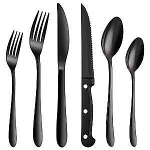 48-Piece Black Silverware Set for 8, Stainless Steel Flatware Cutlery Set with Steak Knives, Stain Finish Kitchen Utensil Tableware Set, Includes Spoons Forks Knives for Home Hotel, Dishwasher Safe