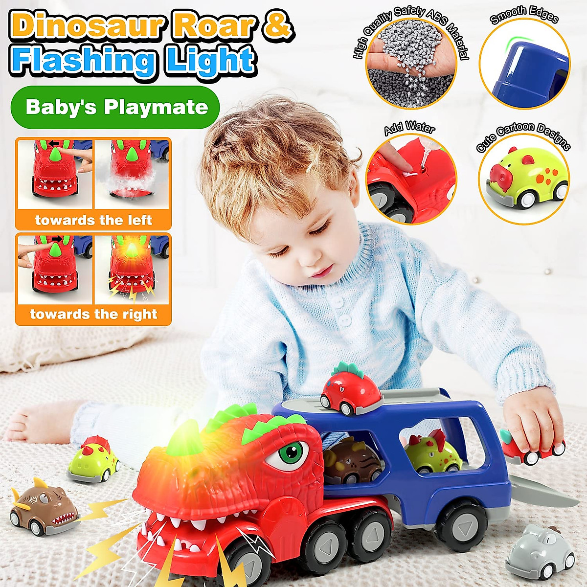 DUKASOU Dinosaur Truck Toddler Toys Car for Boys 3-5, Dinosaur Transport Carrier with 7 Pull Back Dino Car&amp; Light Music for Kids Age 3 4 5 6 Gift, Birthday Party for Boys Girls 3-8