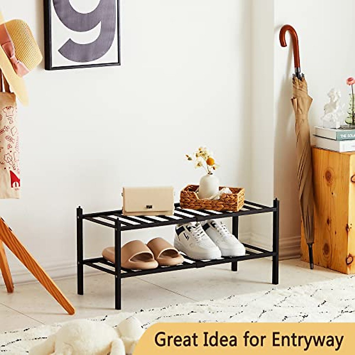 Dikolre Shoe Rack Organizer for Closet Entryway, 2-Tier Bamboo Stackable Shoe Rack Small Shoe Storage for Dorm Front Door Wooden Shoe Shelf, Black Brown