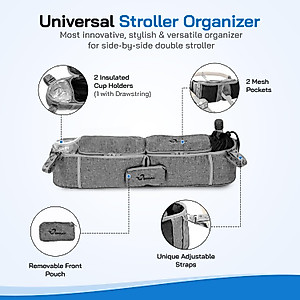 StrollAir Universal Double Stroller Organizer, Insulated Cup Holder Stroller Caddy for TWIN WAY Mountain Buggy Bumbleride Indie Twin Bob Duallie & Baby Jogger City Mini Stroller Accessories, Grey
