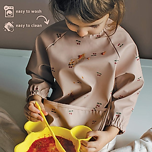 Long Sleeve Bib, Baby Toddler Bib, 6-24 Months, Waterproof Mess-Proof Fabric, Art Smock, Catch-All Pocket, Feeding Bib (Light Brown Cherries)