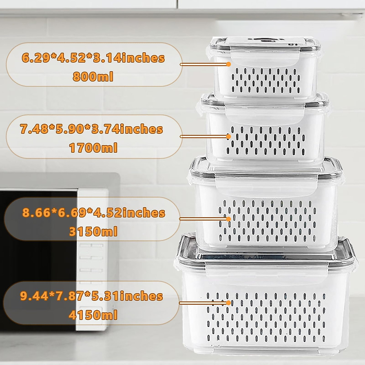 HOMEEE 4 Pack Large Airtight Fridge Food Organizer Containers, Fruit and Vegetable Storage Containers with lids, Portable Outdoor Picnics Food Storage with Removable Colanders(4.15L+3.15L+1.7L+0.8L)